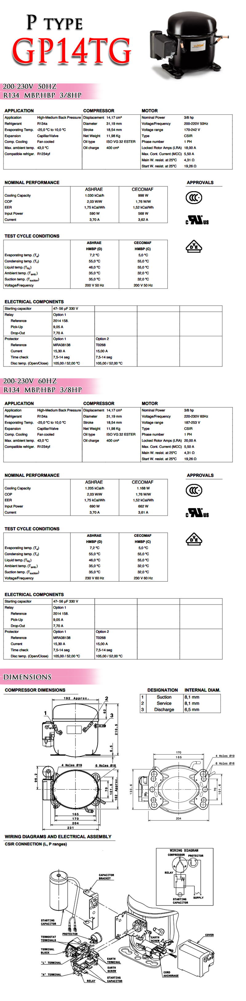 콜드체인 COLD CHAIN ː 냉동공조 전문 온라인 쇼핑몰 - 큐비겔 GP14TG 왕복동 컴프레서 3/8HP : R134 ...